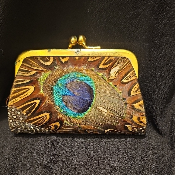 Bags | Peacock Feather Clutch With Gold Accents | Poshmark
